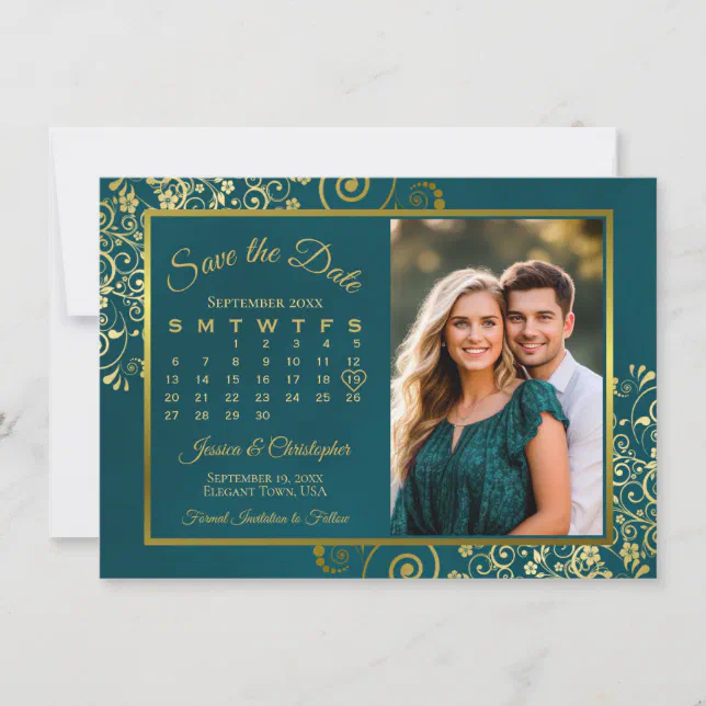 Elegant Gold Curls Teal Calendar & Photo Wedding Save The Date | Zazzle