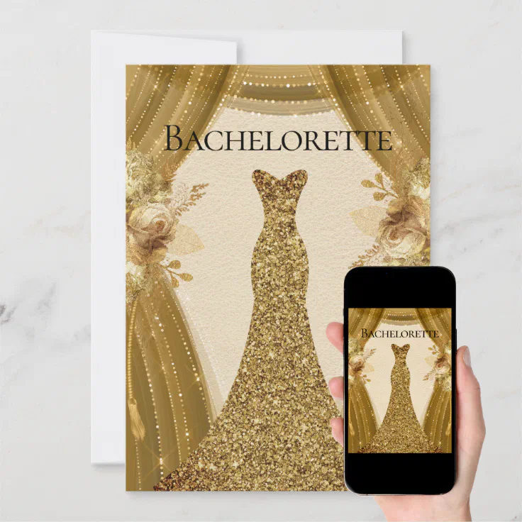 Elegant Gold Curtains Dress Bachelorette Party Invitation | Zazzle