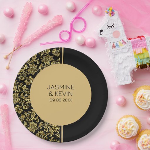 Elegant Gold Damask & Black Split Screen Paper Plates | Zazzle