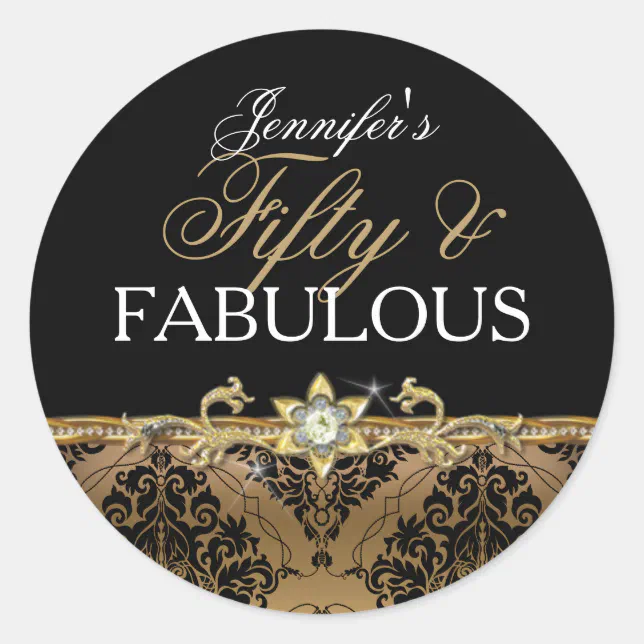 Elegant Gold Damask Fifty and Fabulous Sticker | Zazzle