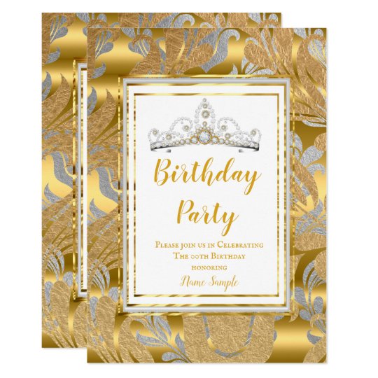 Elegant Gold Damask Gray Tiara Birthday Party Invitation | Zazzle.com