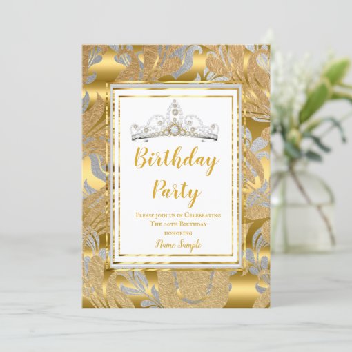 Elegant Gold Damask Gray Tiara Birthday Party Invitation | Zazzle