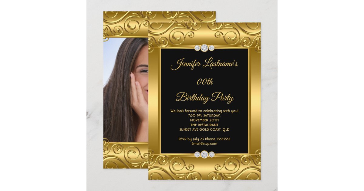 Elegant Gold Damask Photo Birthday Party Invitation | Zazzle