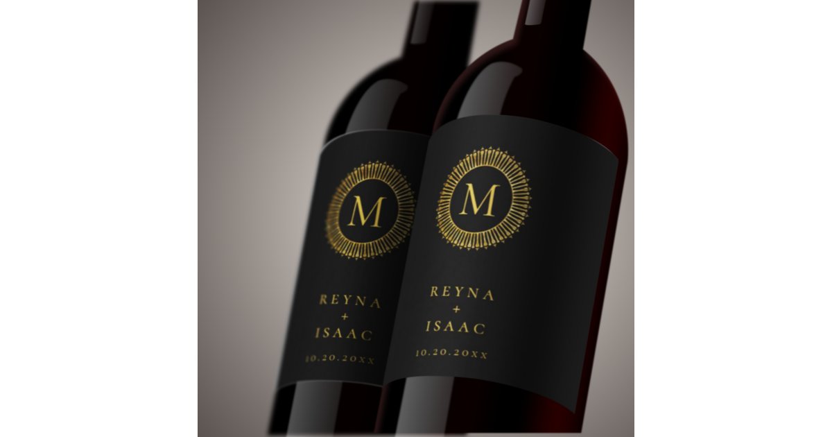 Elegant Gold Deco Wreath Monogram Wine Label | Zazzle