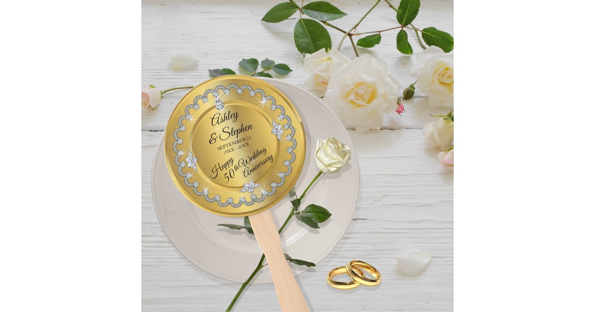 Elegant Gold Diamonds 50th Wedding Anniversary Hand Fan | Zazzle