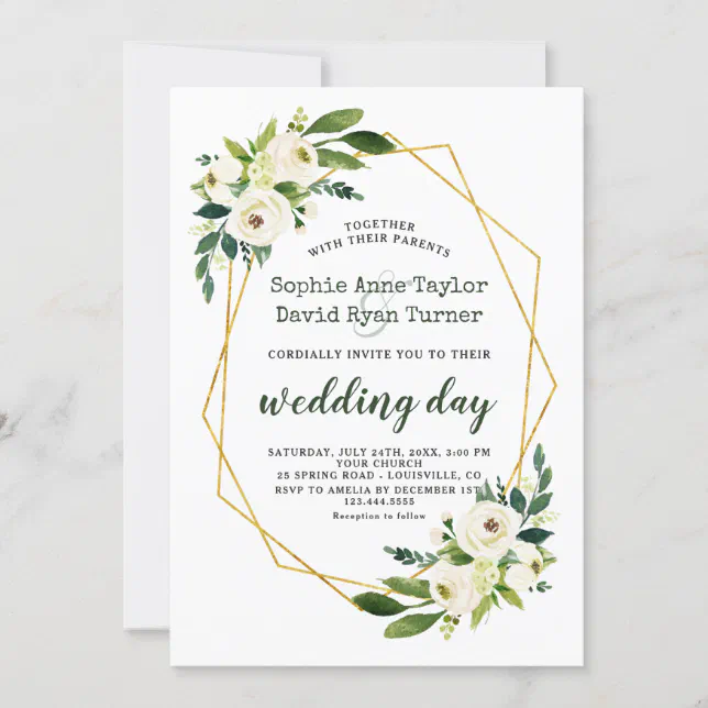 Elegant Gold Diamonds White Green Floral Wedding Invitation | Zazzle
