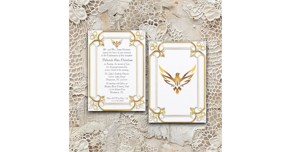 Elegant Gold Dove Confirmation Invitation | Zazzle