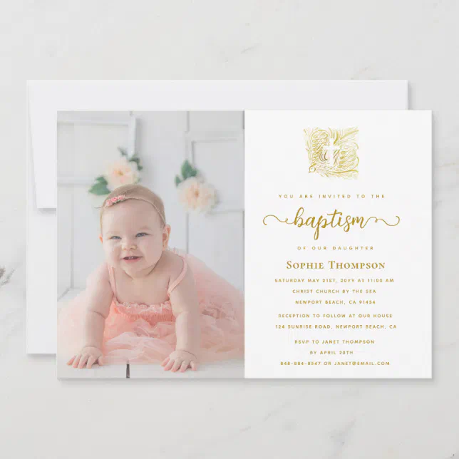 Elegant Gold Dove Cross Religious Baptism Photo Invitation | Zazzle