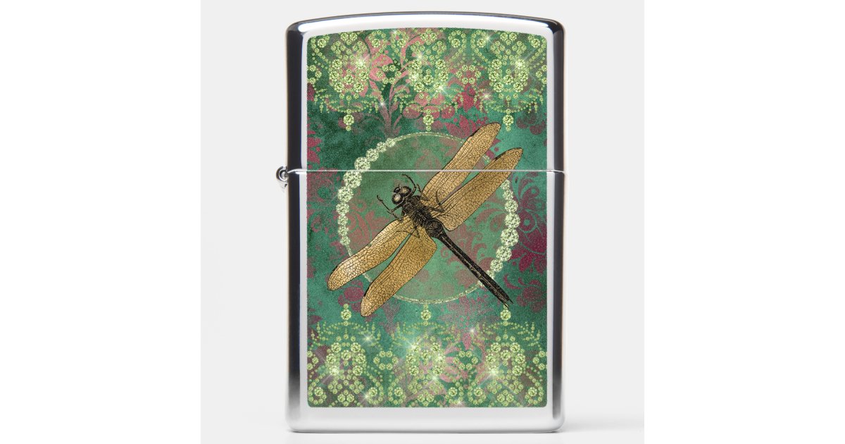 Elegant Gold Dragonfly on Green With Rhinestones Zippo Lighter | Zazzle