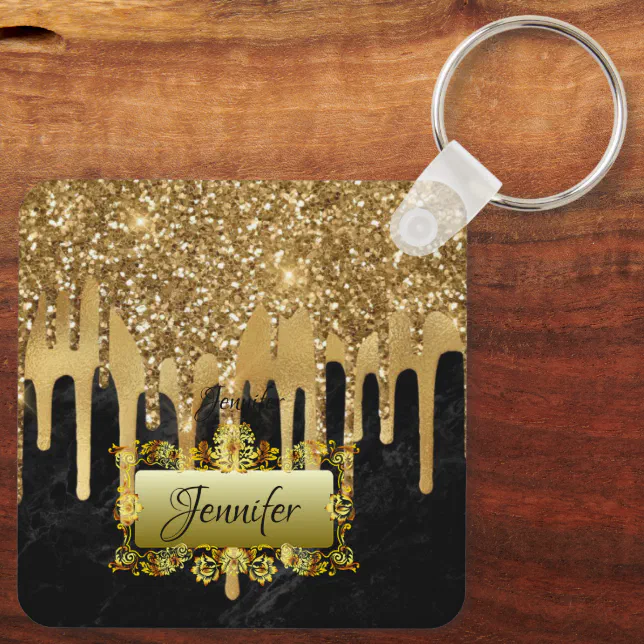 Elegant Gold Dripping Personalised Script gift Keychain | Zazzle