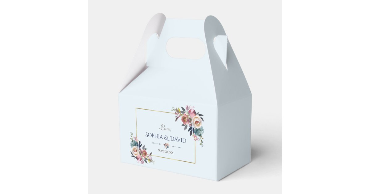 Elegant Gold Dusty Blue Pink Floral Wedding Favor Boxes | Zazzle