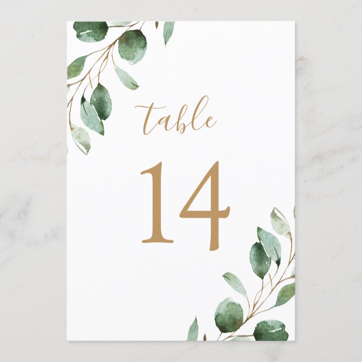 Elegant Gold Eucalyptus Greenery 5x7 Table Numbers | Zazzle