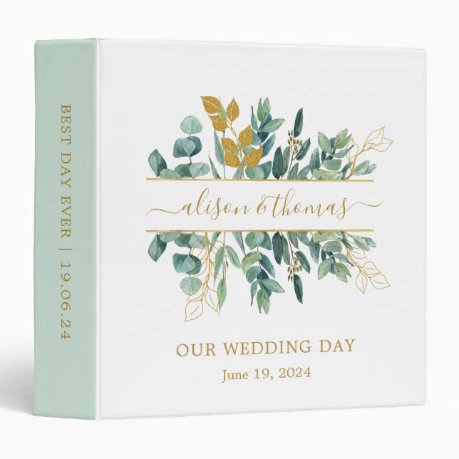 Elegant Gold Eucalyptus Greenery Wedding Binder | Zazzle