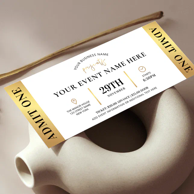 Elegant Gold Event Ticket Business Logo Admit One Invitation | Zazzle