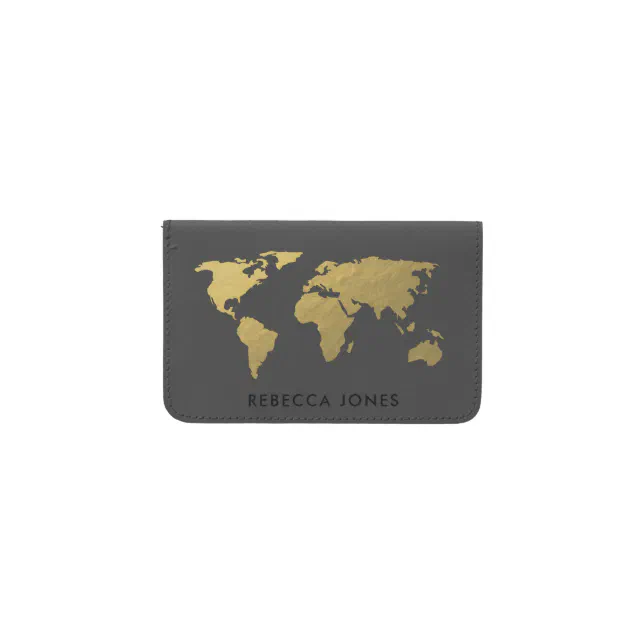 ELEGANT GOLD FAUX BLACK WORLD MAP PERSONALIZED CARD HOLDER | Zazzle