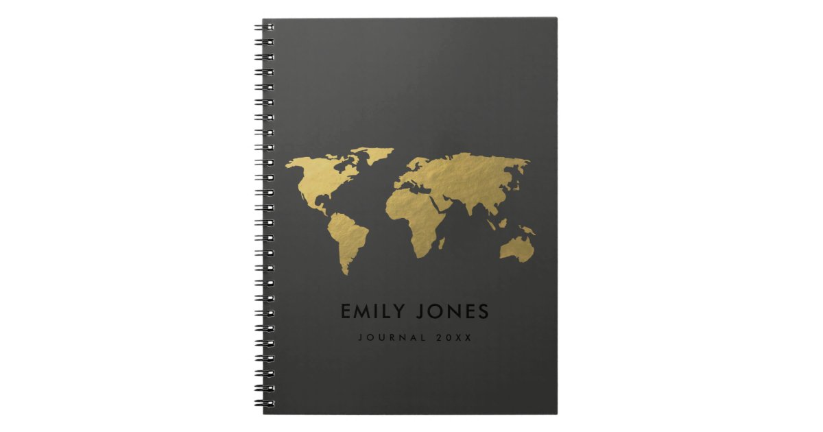 ELEGANT GOLD FAUX BLACK WORLD MAP PERSONALIZED NOTEBOOK | Zazzle
