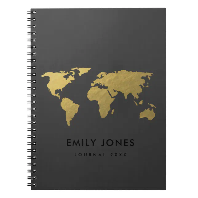ELEGANT GOLD FAUX BLACK WORLD MAP PERSONALIZED NOTEBOOK | Zazzle