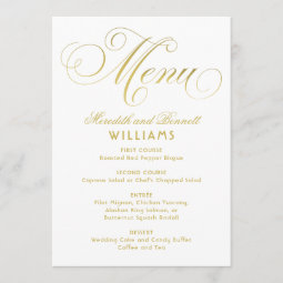 Elegant Gold Faux Foil Calligraphy Script Wedding Menu | Zazzle