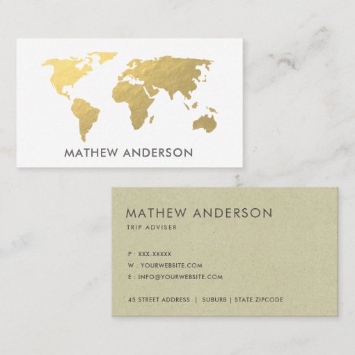 ELEGANT GOLD FAUX KRAFT WORLD MAP PERSONALISED BUSINESS CARD | Zazzle