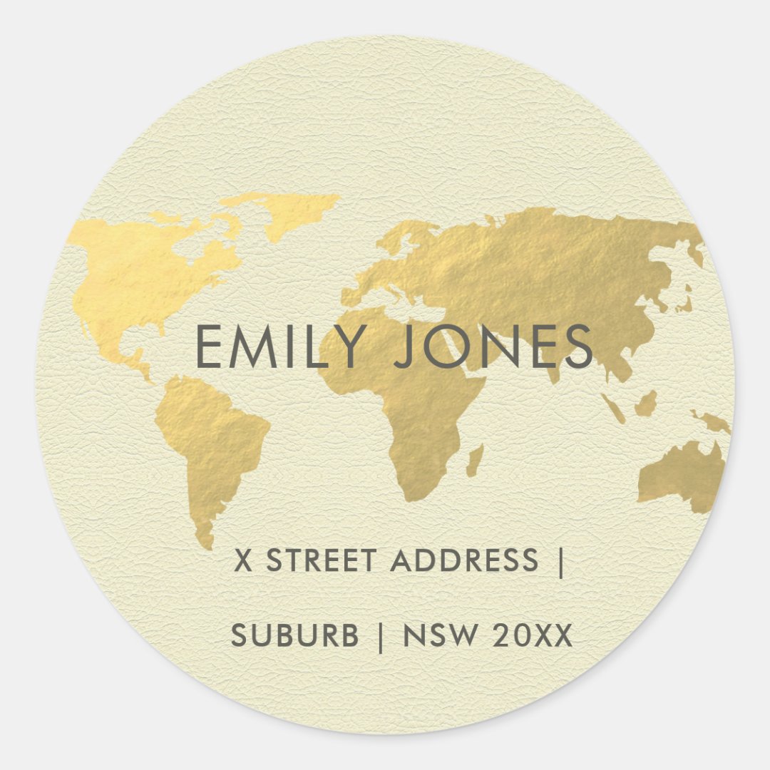 ELEGANT GOLD FAUX KRAFT WORLD MAP PERSONALIZED CLASSIC ROUND STICKER ...