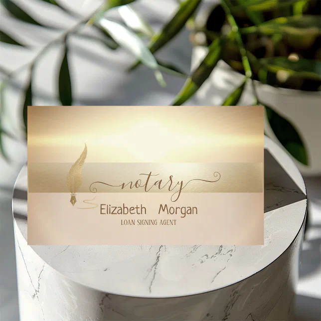 Elegant Gold Feather Notary Signing Agent Business Card | Zazzle