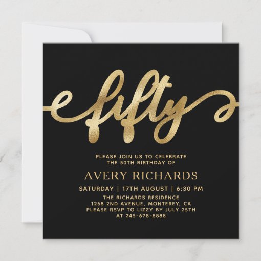 Elegant Gold Fifty Script Black 50th Birthday Invitation | Zazzle