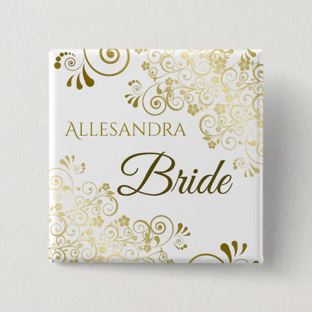 Elegant Gold Filigree Bride Wedding Name Tag Button | Zazzle
