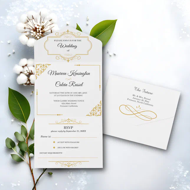 Elegant Gold Filigree on White, Wedding All In One Invitation | Zazzle
