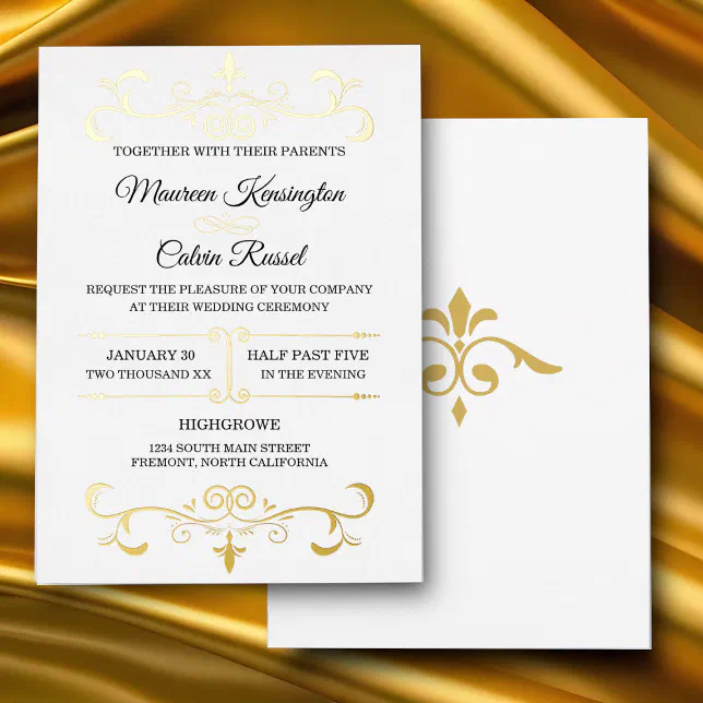 Elegant Gold Filigree on White, Wedding Foil Invitation | Zazzle