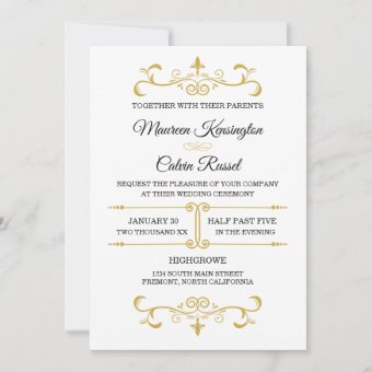 Elegant Gold Filigree on White, Wedding Invitation | Zazzle