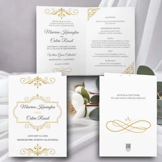 Elegant Gold Filigree on White, Wedding Invitation | Zazzle