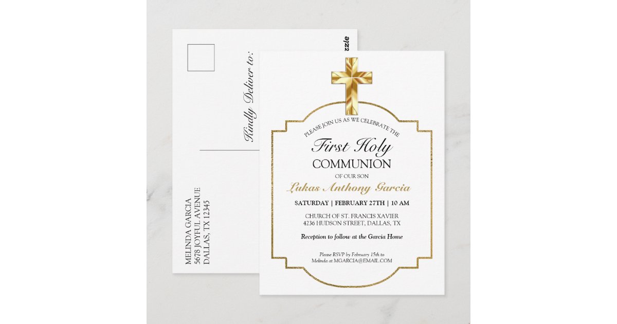 Elegant Gold First Holy Communion Invitation Postcard | Zazzle
