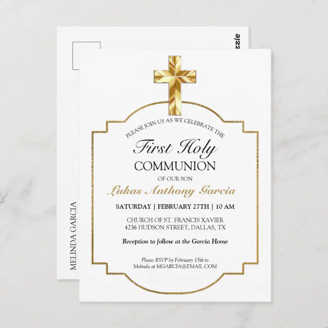 Elegant Gold First Holy Communion Invitation Postcard | Zazzle