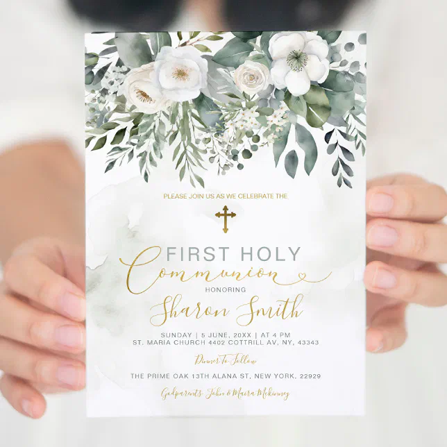 Elegant Gold First Holy Communion White Floral Invitation | Zazzle