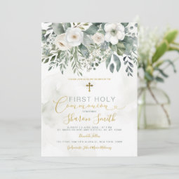 Elegant Gold First Holy Communion White Floral Invitation | Zazzle