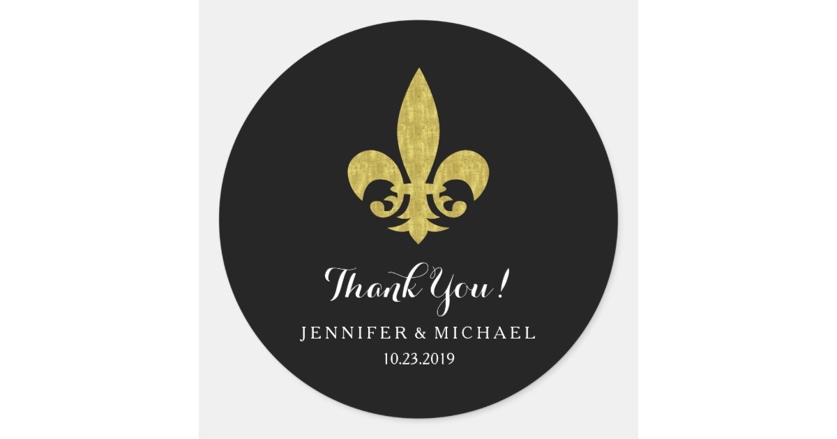 Elegant Gold Fleur de Lis for Wedding on Black Classic Round Sticker ...