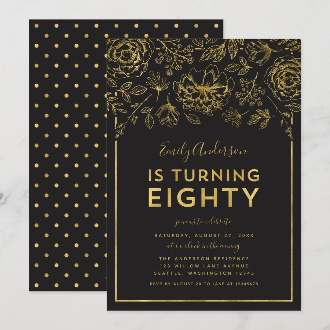 Elegant Gold Floral 80th Birthday Party Invitation | Zazzle