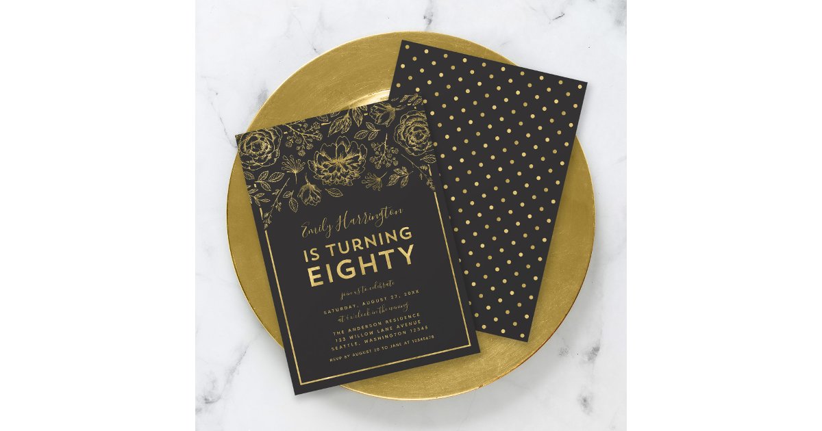 Elegant Gold Floral 80th Birthday Party Invitation | Zazzle