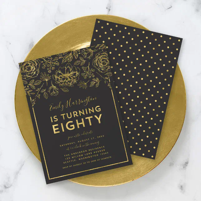 Elegant Gold Floral 80th Birthday Party Invitation | Zazzle