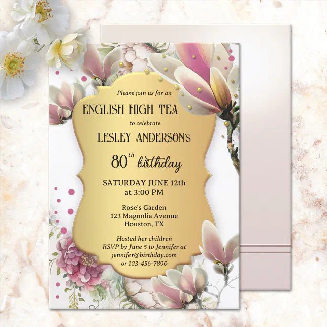 Elegant Gold Floral English High Tea Birthday Invitation | Zazzle