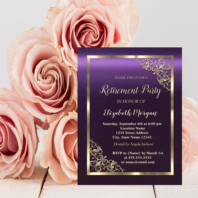 Elegant Gold Floral Frame Purple Retirement Invitation | Zazzle