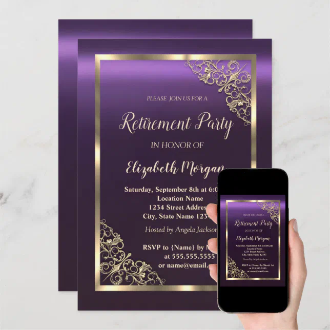 Elegant Gold Floral Frame Purple Retirement Invitation | Zazzle