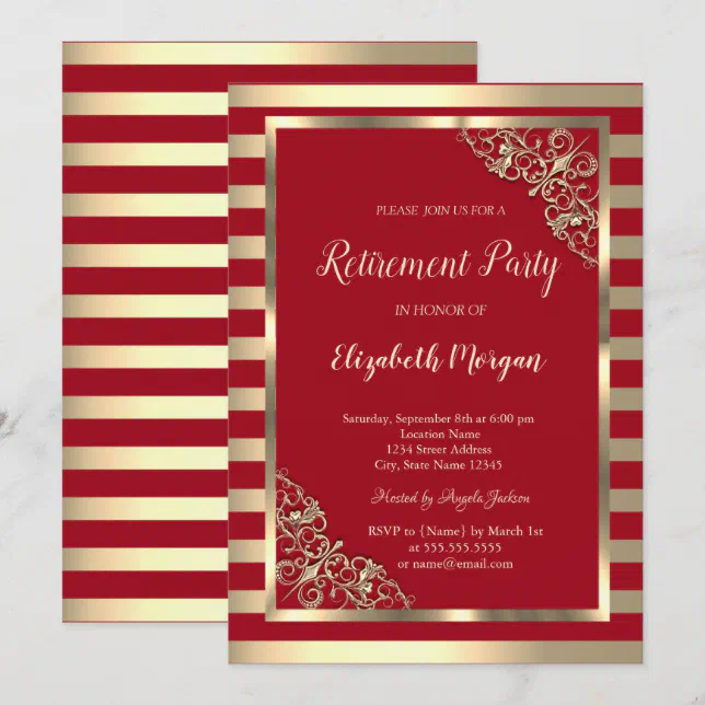 Elegant Gold Floral Frame Striped Red Retirement Invitation | Zazzle