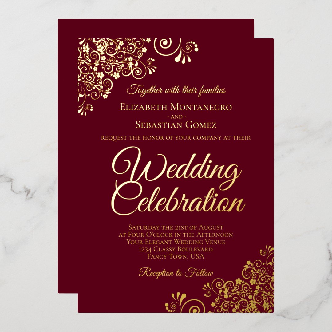 Elegant Gold Floral Frills Burgundy Maroon Wedding Foil Invitation | Zazzle