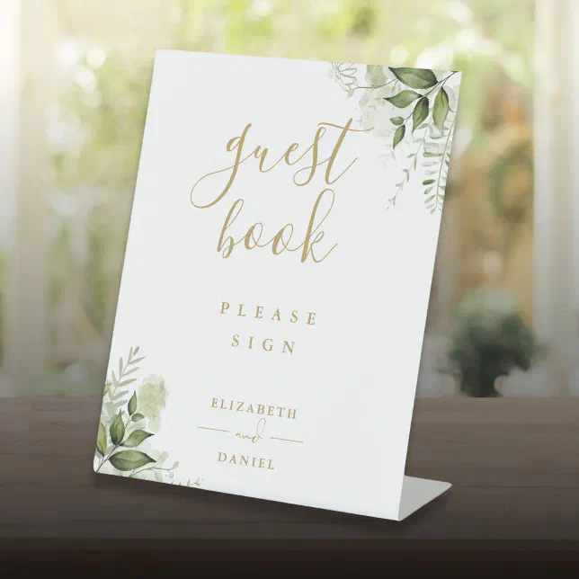 Elegant Gold Floral Greenery Guest Book Pedestal Sign | Zazzle