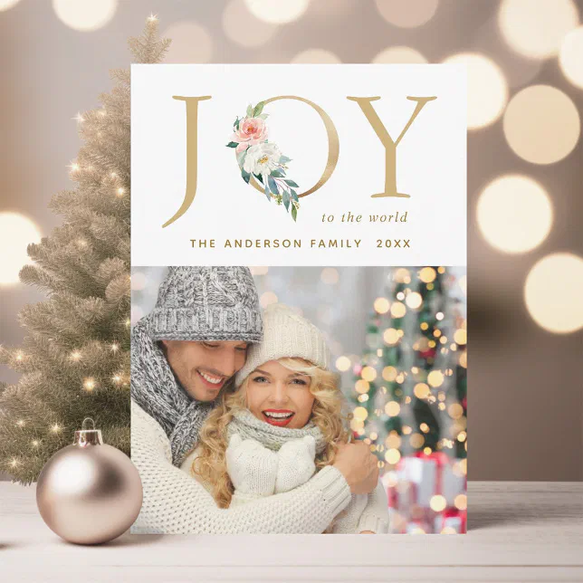 Elegant Gold Floral Joy Holiday Photo Card | Zazzle