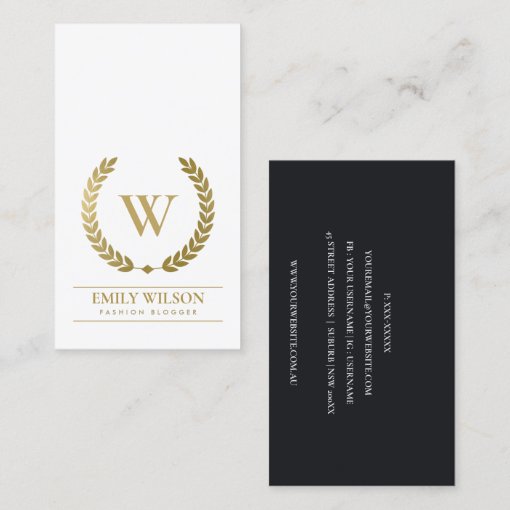 ELEGANT GOLD FLORAL LAUREL WREATH INITIAL MONOGRAM BUSINESS CARD | Zazzle