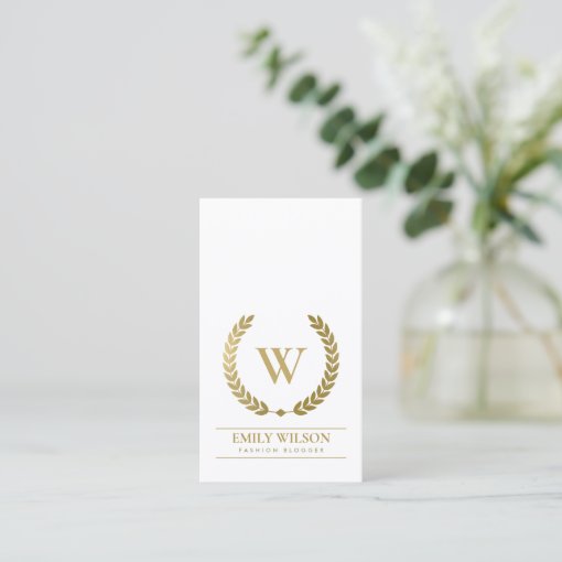 ELEGANT GOLD FLORAL LAUREL WREATH INITIAL MONOGRAM BUSINESS CARD | Zazzle