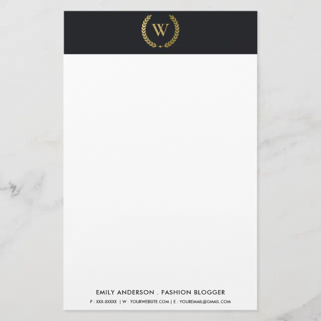ELEGANT GOLD FLORAL LAUREL WREATH INITIAL MONOGRAM STATIONERY | Zazzle