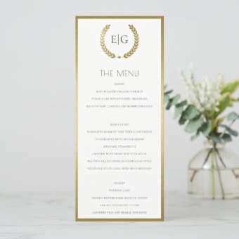 ELEGANT GOLD FLORAL LAUREL WREATH MONOGRAM MENU | Zazzle